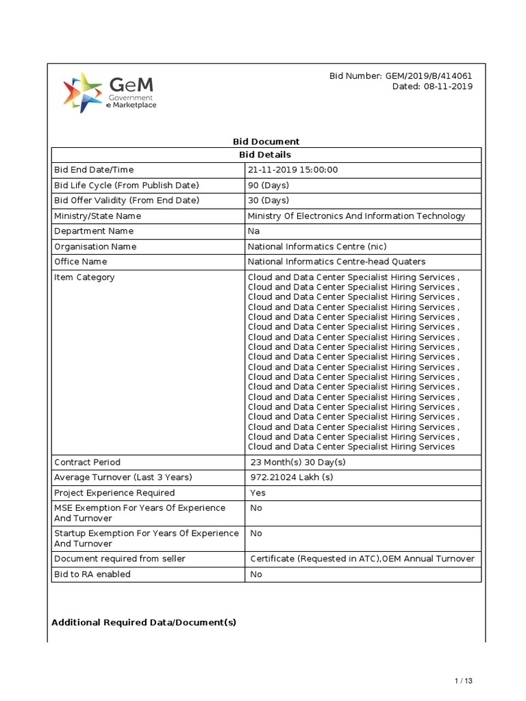 GeM Bidding 1459273 | PDF | Cloud Computing | Specification (Technical Standard)