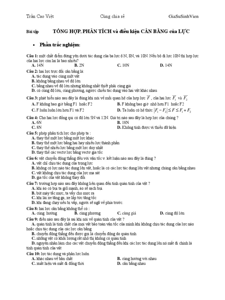 Bai 9 Bai Tap Tong Hop Va Phan Tich Luc | PDF