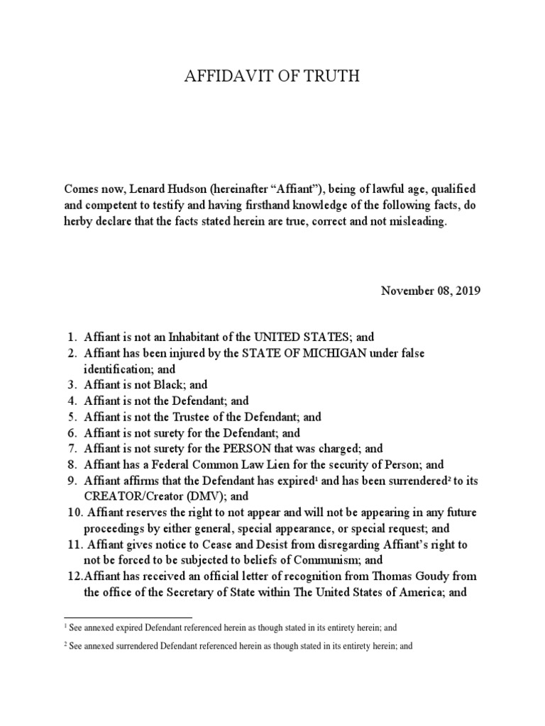 Affidavit of Truth For LENARD HUDSON, PMA November 8th 2019 | PDF ...