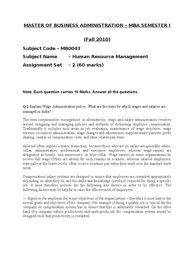 Master of Business Administration - Mba Semester I (Fall 2010) Subject ...