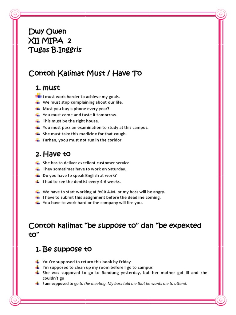 Examples of Modal Verbs 'Must', 'Have To', 'Be Supposed To', and 'Be ...