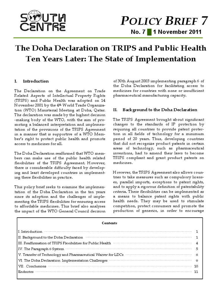 Doha Declaration: TRIPS and Health Access | PDF | Trips Agreement ...