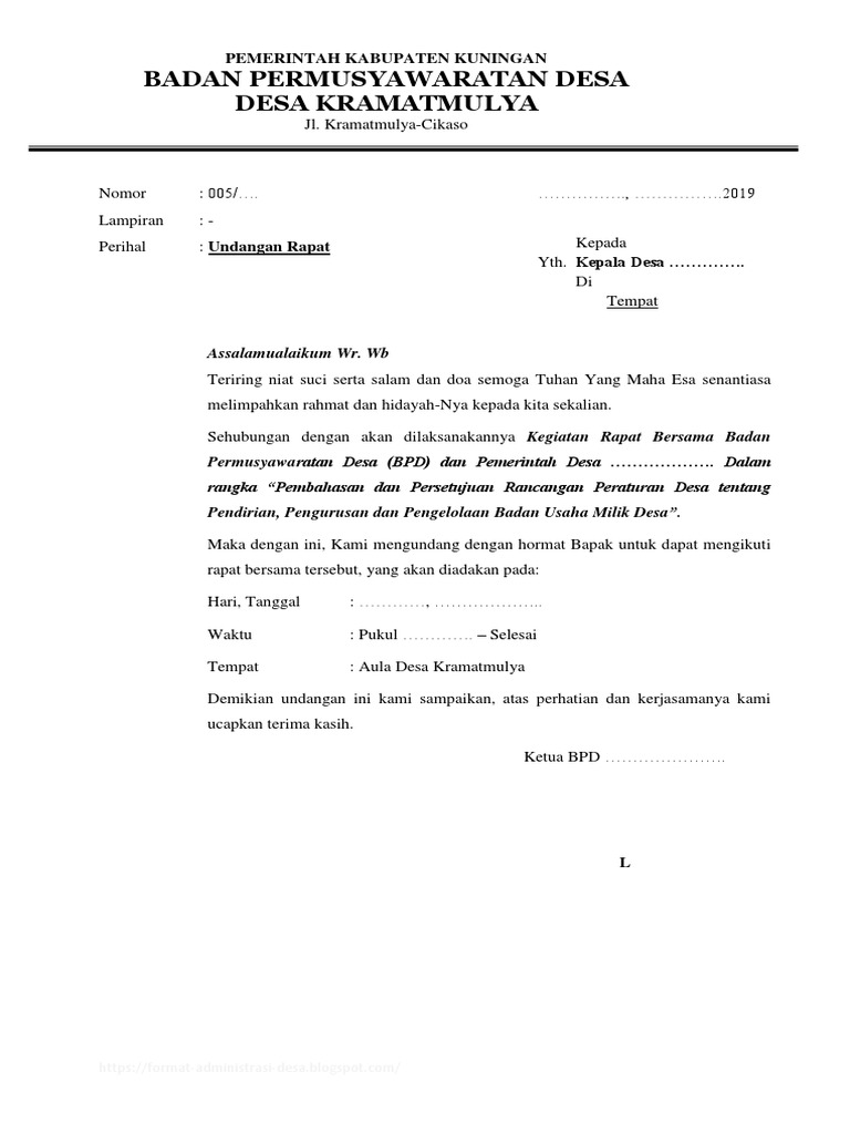 Contoh Undangan Rapat BPD Desa | PDF