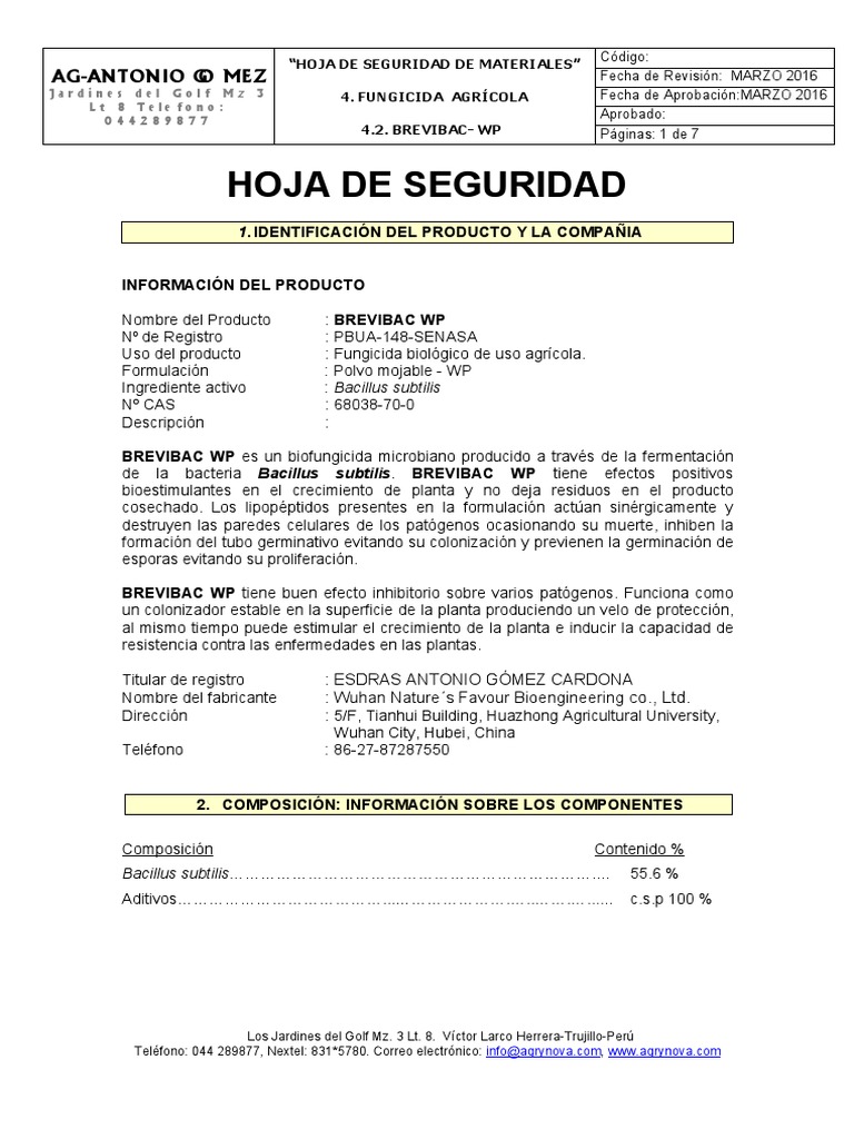 Hoja de Seguridad de Materiales para el Fungicida Biológico Brevibac WP ...