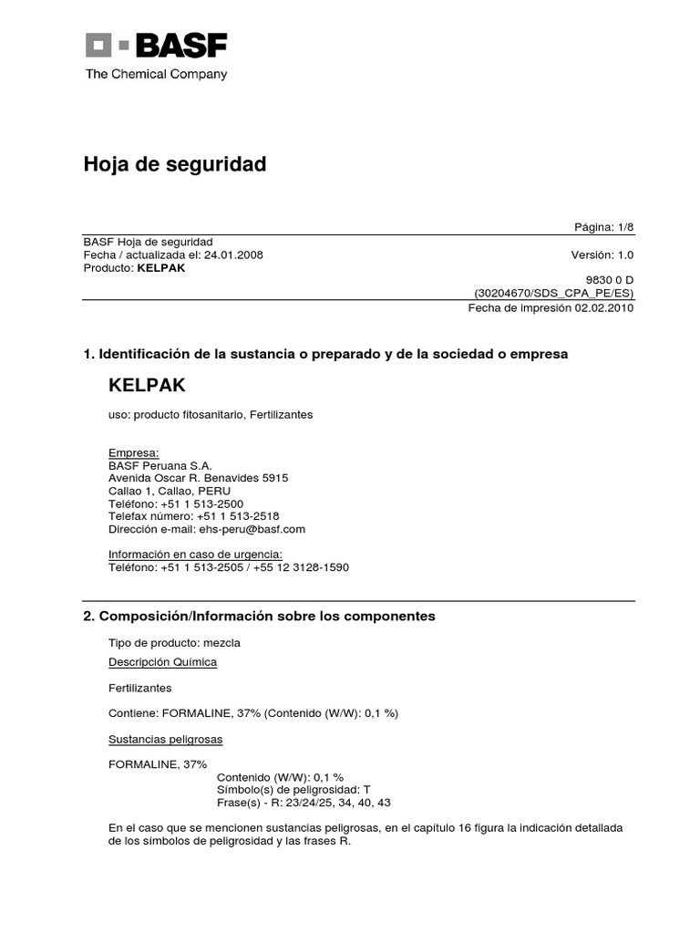 Hoja de Seguridad de KELPAK BASF | PDF | Vertedero | Agua