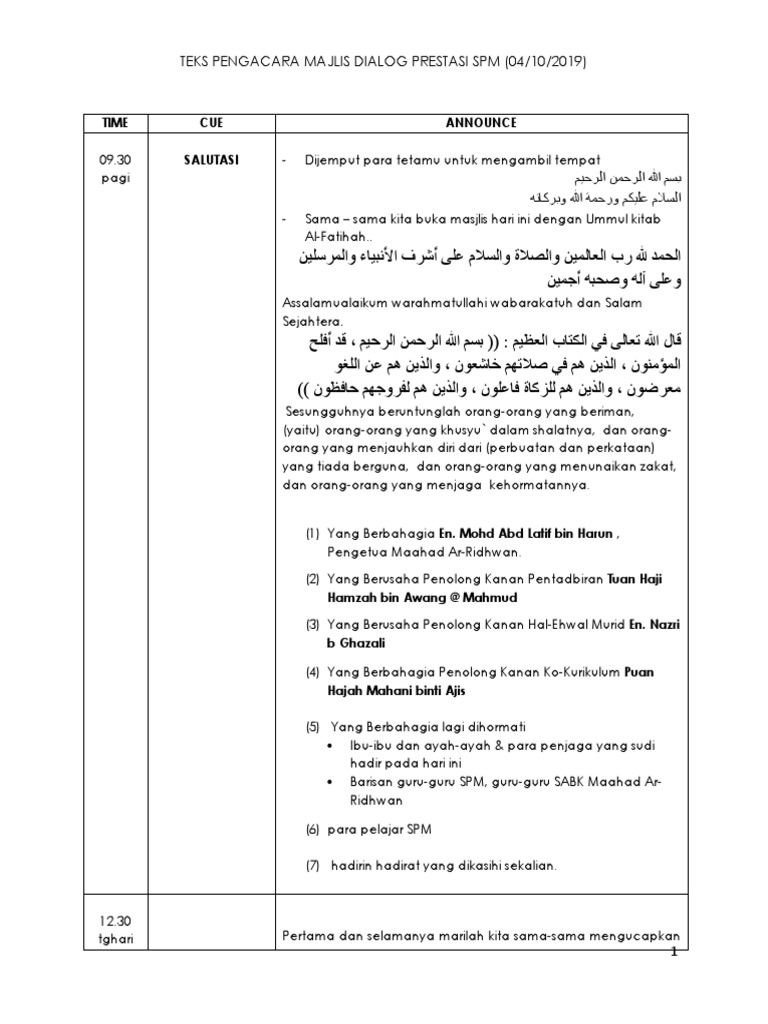 Teks MC Dialog Prestasi'19 | PDF