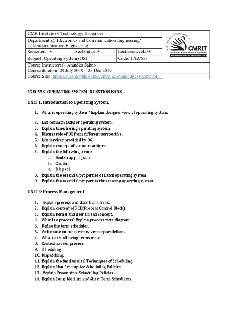 Operating System Vtu Question Bank 2017scheme | PDF | Scheduling (Computing) | Message Passing