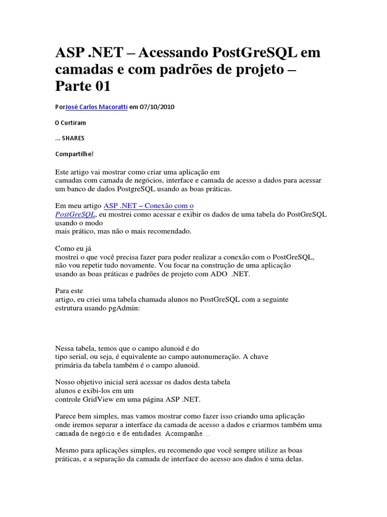 ASP .NET - Acessando PostGreSQL em Camadas e Com Padrões de Projeto ...