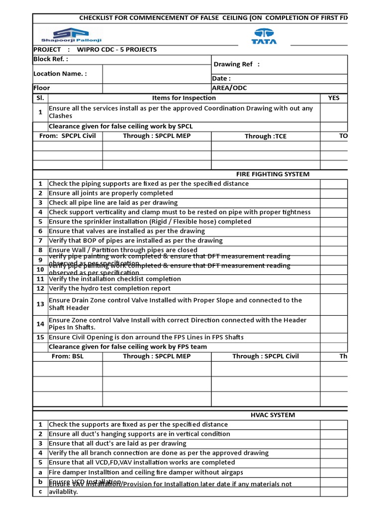 Check List For Above Falseceiling 1 | PDF | Duct (Flow) | Pipe (Fluid ...