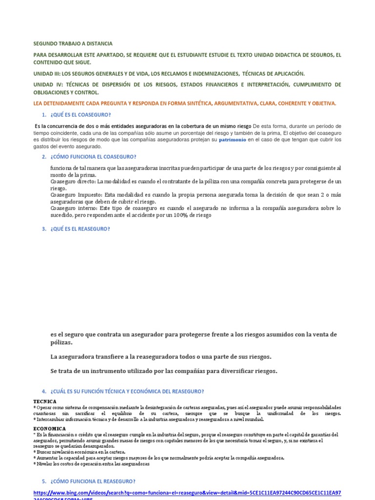 Segundo Trabajo A Distancia | PDF | Reaseguro | Póliza de seguros