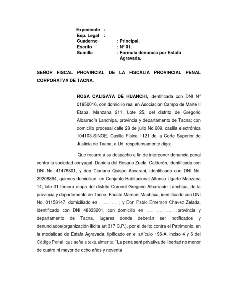 Denuncia Por Estafa | PDF | Trucos de confianza | Derecho penal