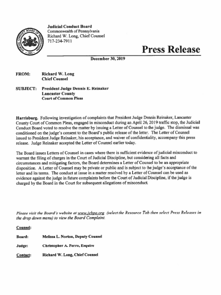 JCB Press Release - Judge Dennis Reinaker | PDF