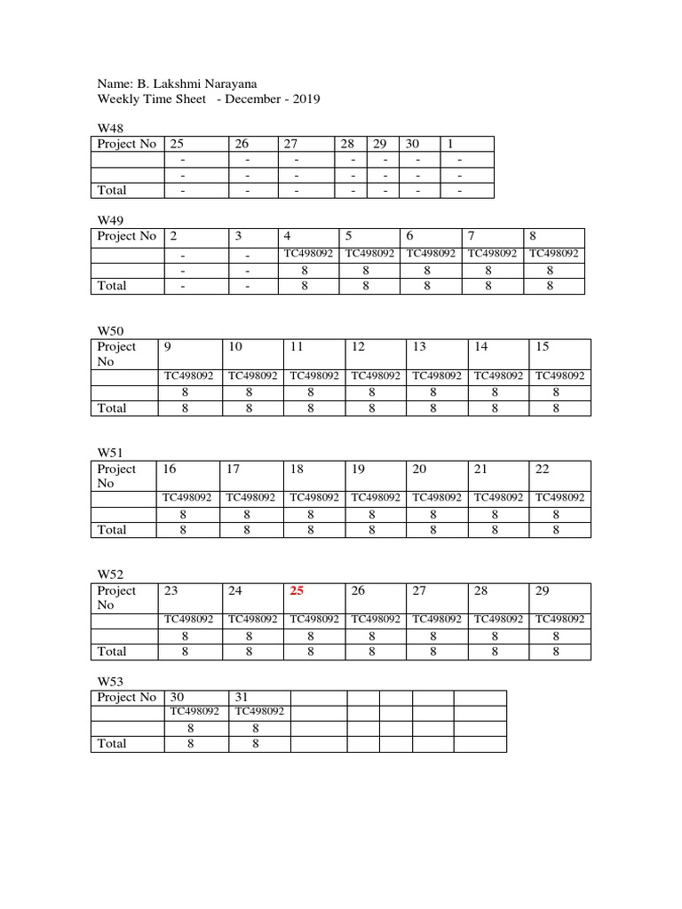 Weekly Time Sheet - W48, W49, W50, W51, W52 and W53 For December - 2019 ...