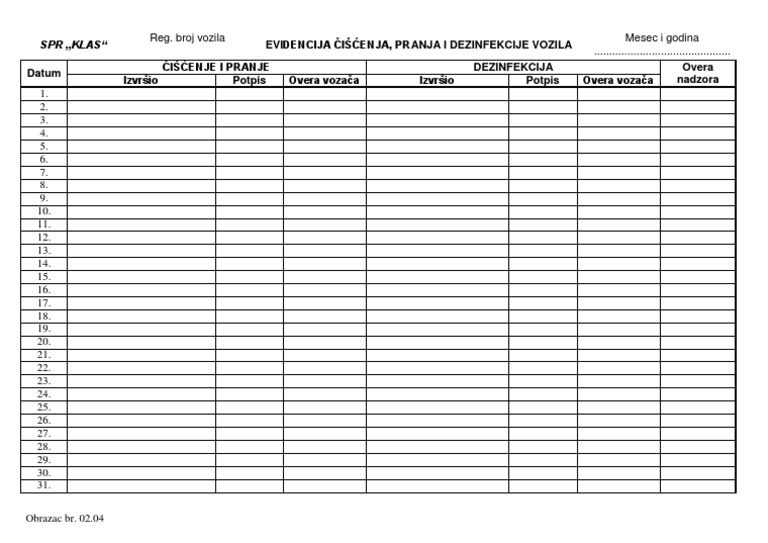 Evidencija Ciscenja I Dezinfekcije Vozila PDF | PDF
