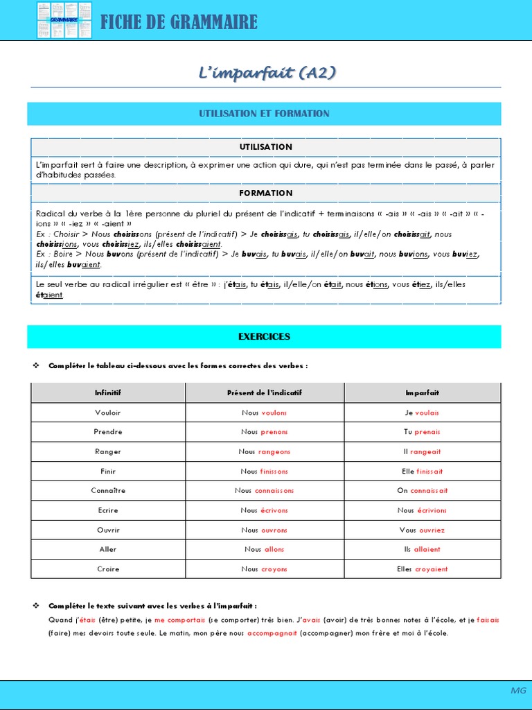 Fiche de grammaire : L'imparfait A2 | PDF | Verbe | Typologie linguistique