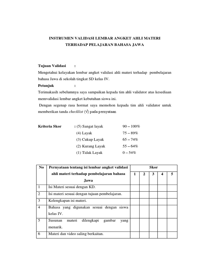 Instrumen Validasi Lembar Angket Ahli Materi | PDF