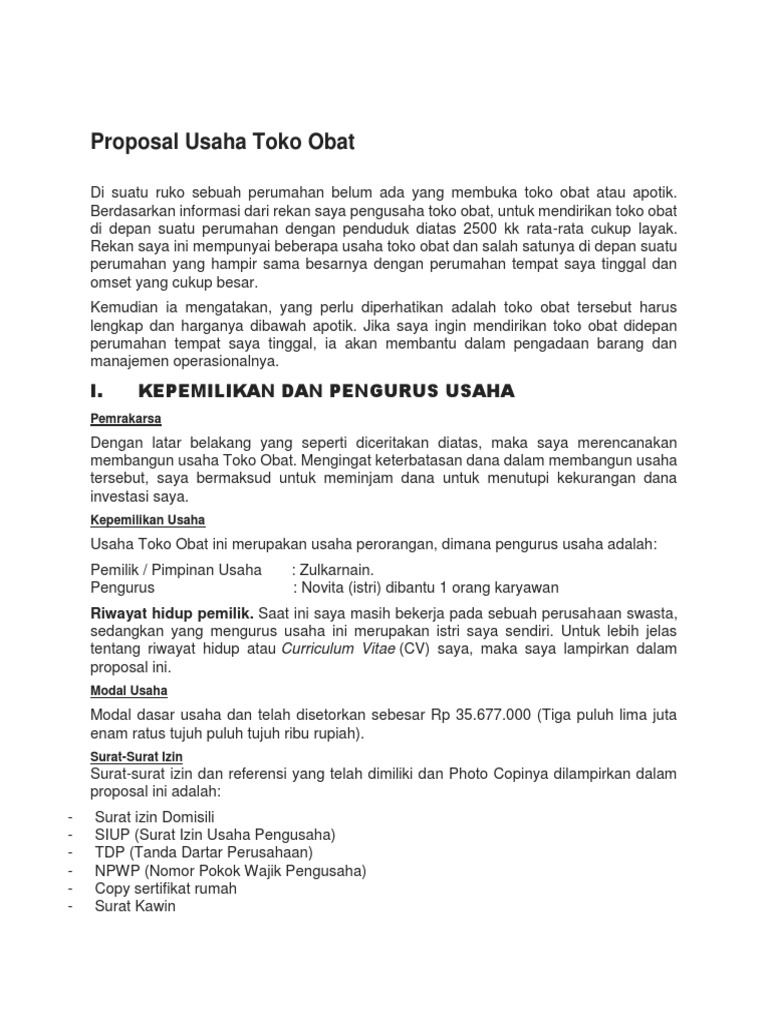 Proposal Usaha Toko Obat Sinar Cemerlang | PDF | Bisnis | Pengelolaan ...