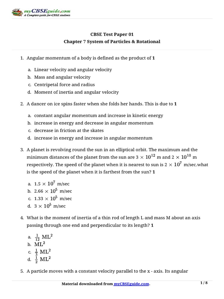 11 Physics Test Paper ch7 1 | PDF | Rotation Around A Fixed Axis | Torque