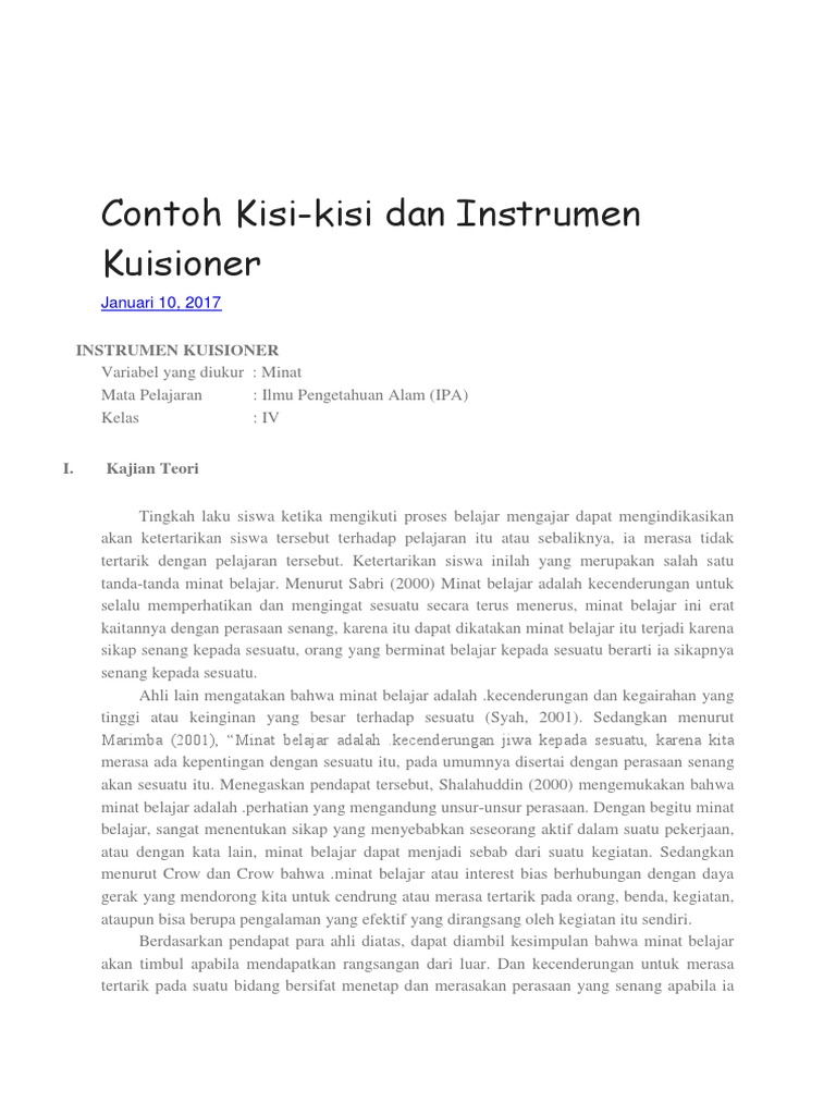 Contoh Instrumen Dan Kisi Kisi Kuesioner | PDF