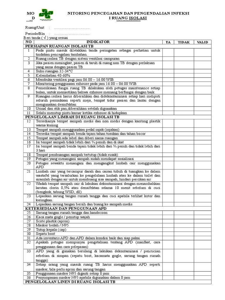 Format Monitoring Ppi Ruang Isolasi 2016 | PDF