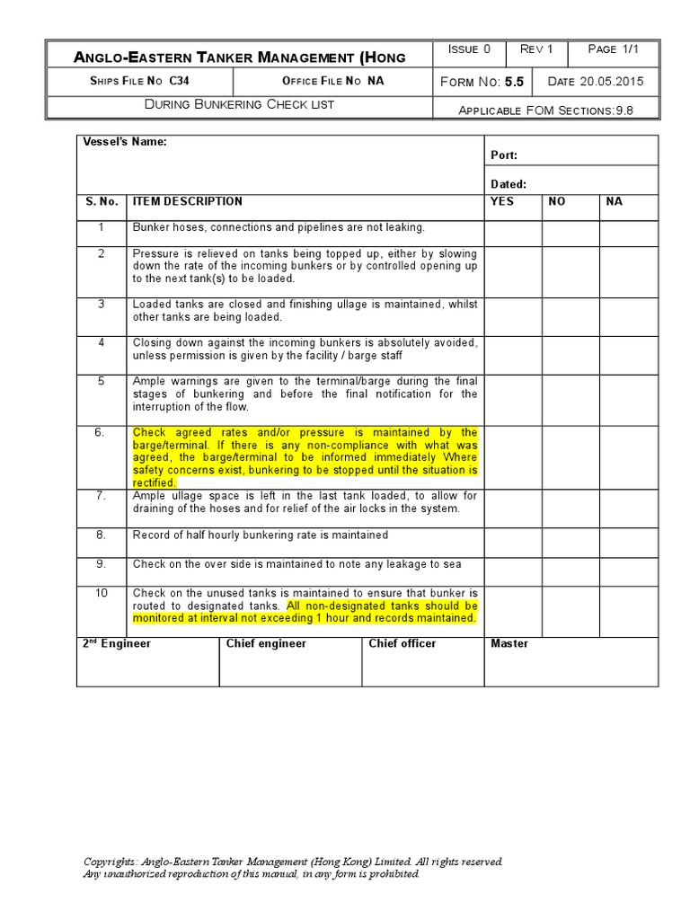 FORM 5.5 During Bunkering Check List | PDF | Oil Tanker | Transport