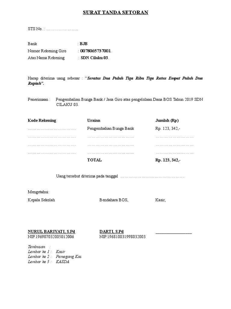 Contoh Surat Tanda Setoran BJB | PDF