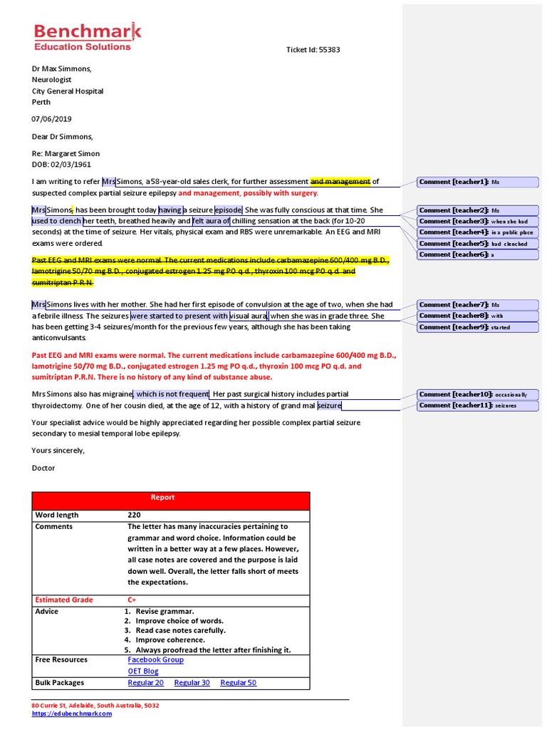 OET Writing Letter Sample | PDF | Episodic And Paroxysmal Disorders ...