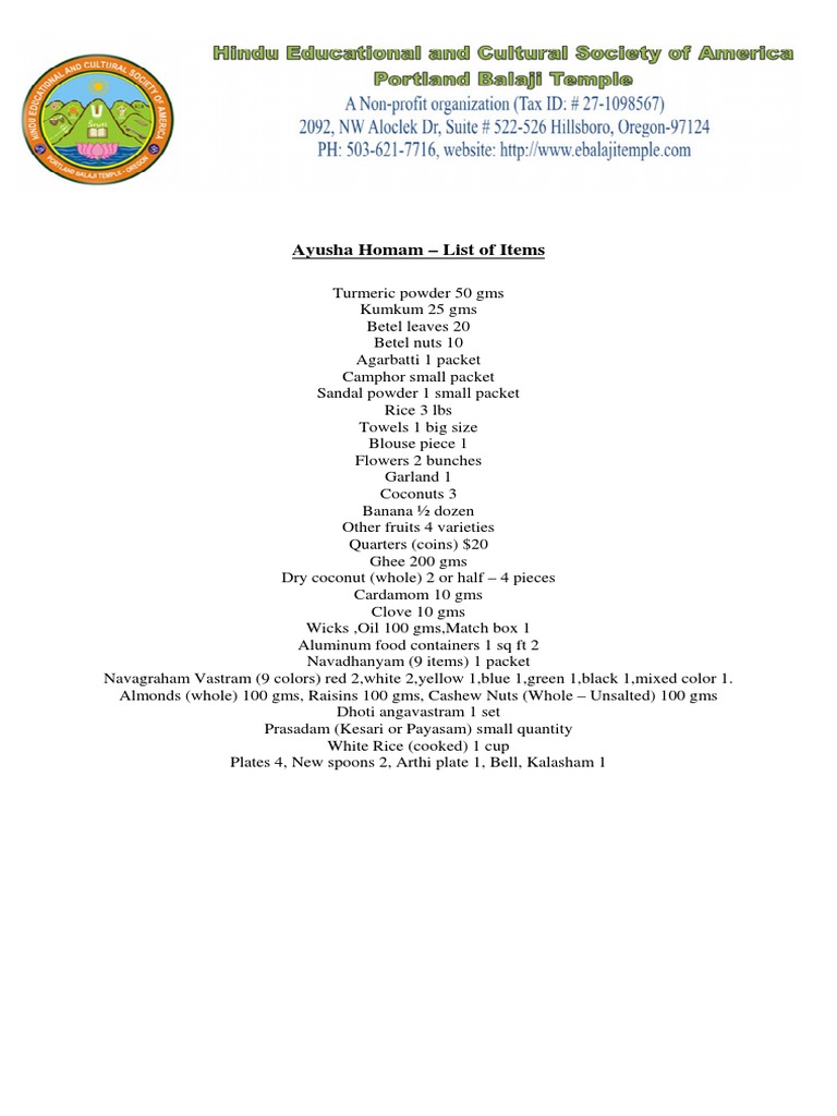 Ayusha Homam Item Checklist | PDF