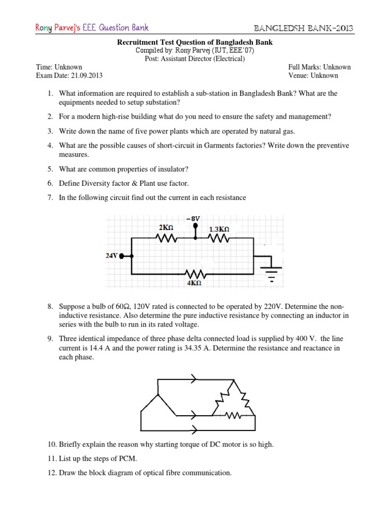 Bangladesh Bank (AD, EEE, 2013) Recruitment Test Question PDF | PDF ...