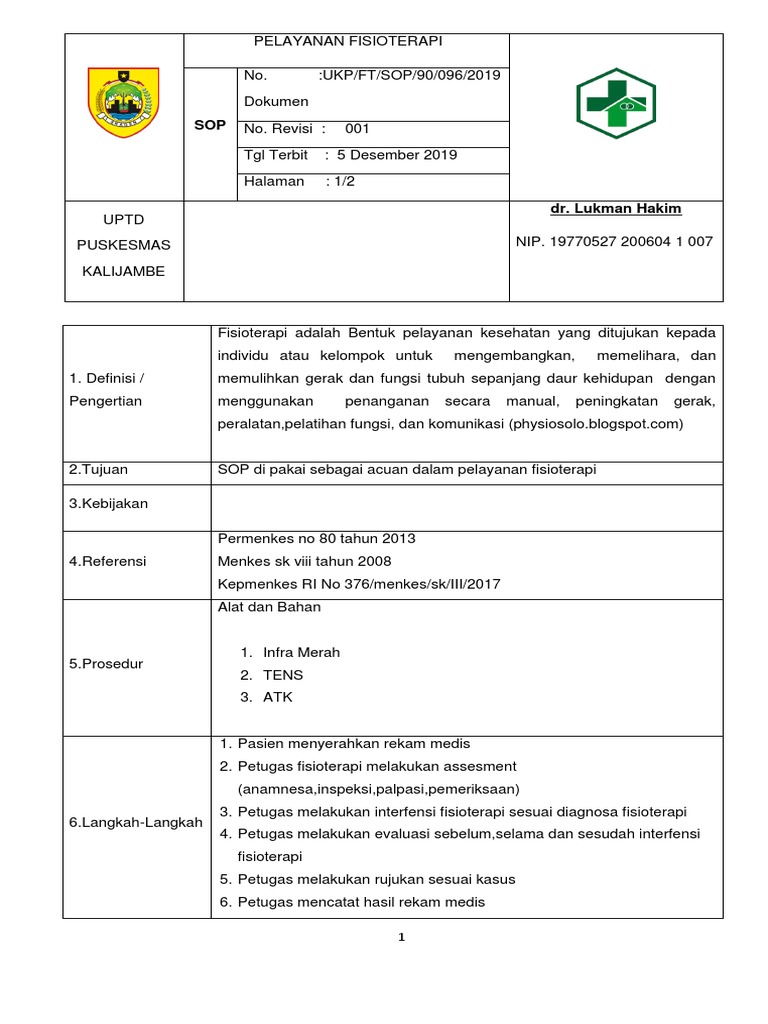 Sop Pelayanan Fisioterapi | PDF | Kesehatan Holistik | Sains & Matematika