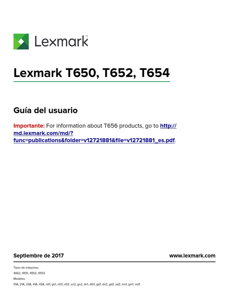 Lexmark T652 T652 T654 UsersGuide Es PDF | PDF | Impresora (Computación ...