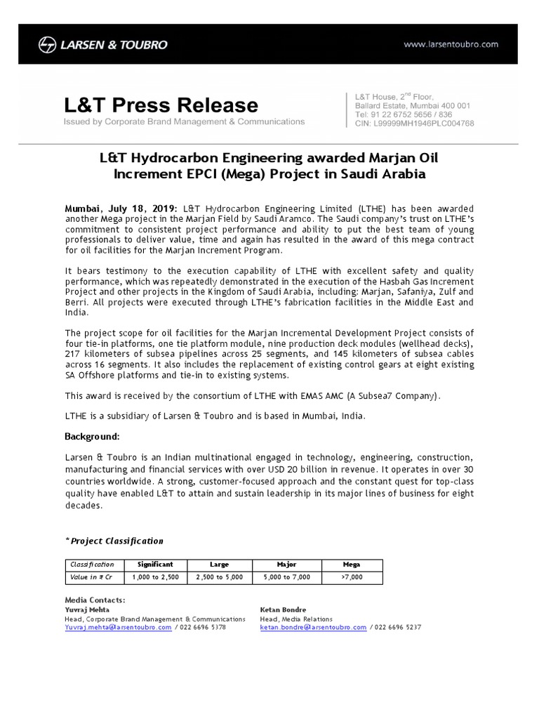 2019 07 18 LT Hydrocarbon Engineering Awarded Marjan Oil Increment Epci ...