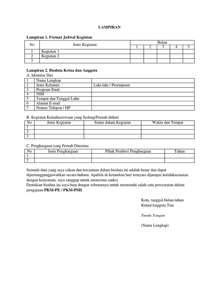 Lampiran PKM: Jadwal, Biodata, Anggaran | PDF