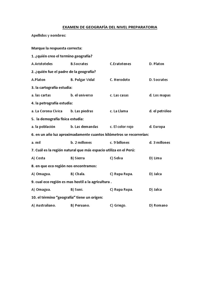 Examen Geografia Preparatoria | PDF
