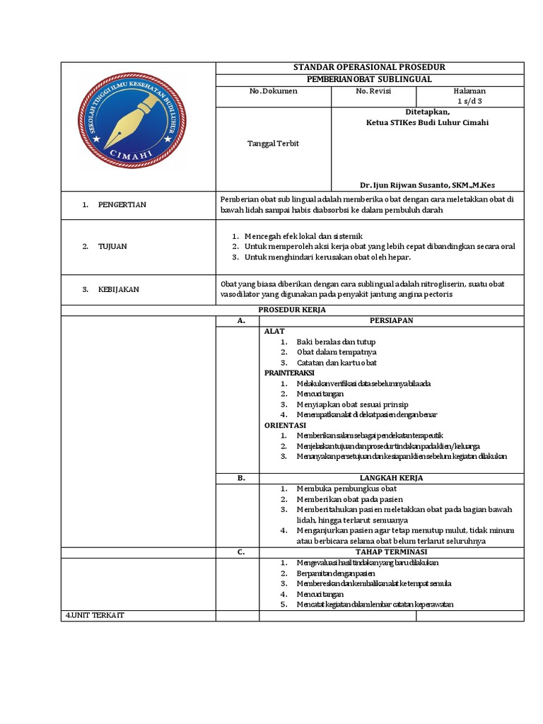 Standar Operasional Prosedur Pemberian Obat Sublingual | PDF