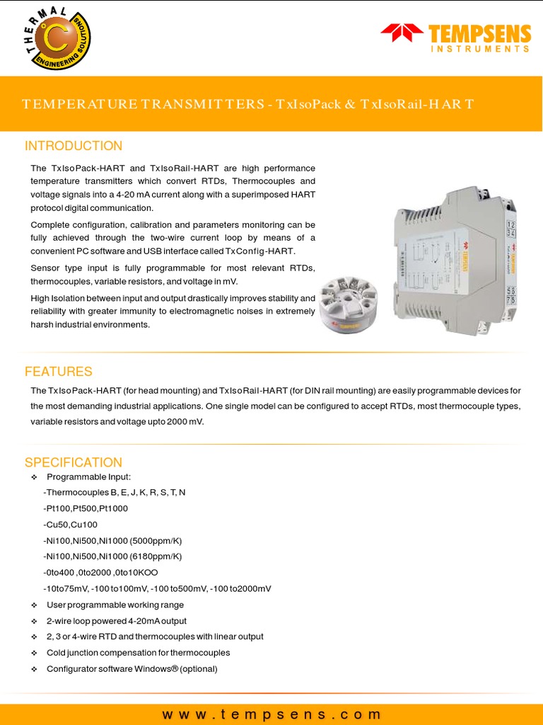 Tempsens Temp Transmitter Hart PDF | PDF | Thermocouple | Sensor