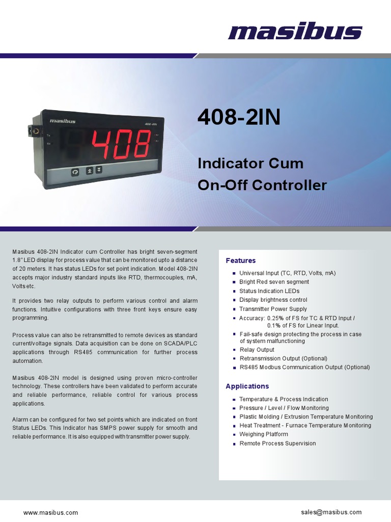 Masibus 408-2IN - R2F - 0516 - Indicator Cum On-Off Controller | PDF | Power Supply | Light ...