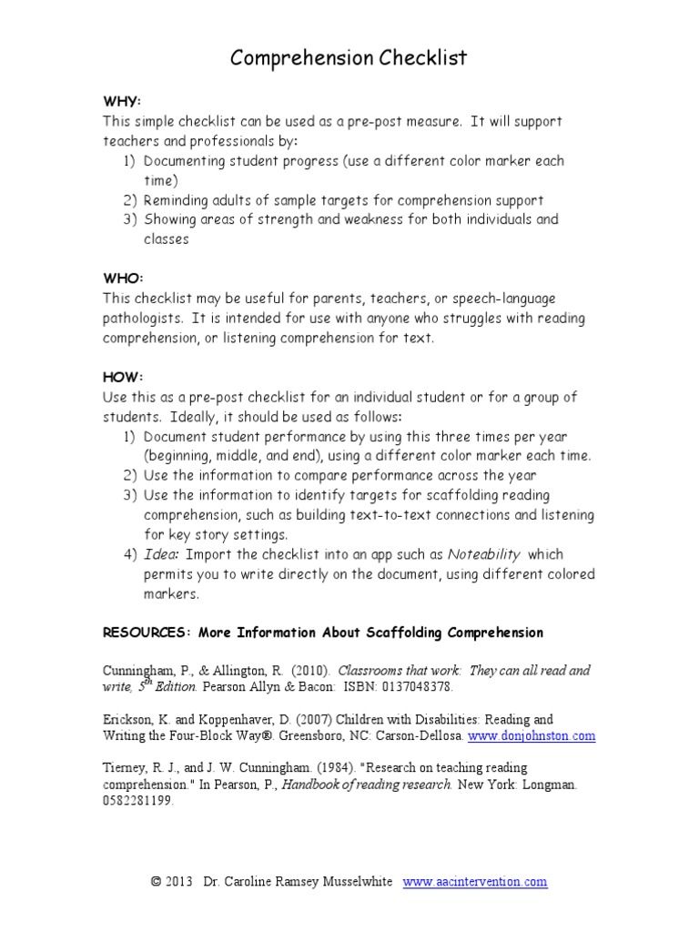 Comprehension Checklist | PDF | Reading Comprehension | Cognitive Science