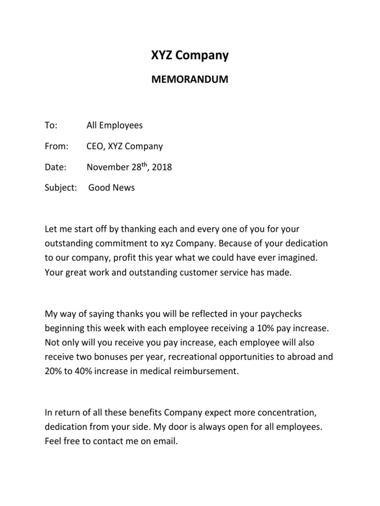 Good News Memo XYZ Company | PDF