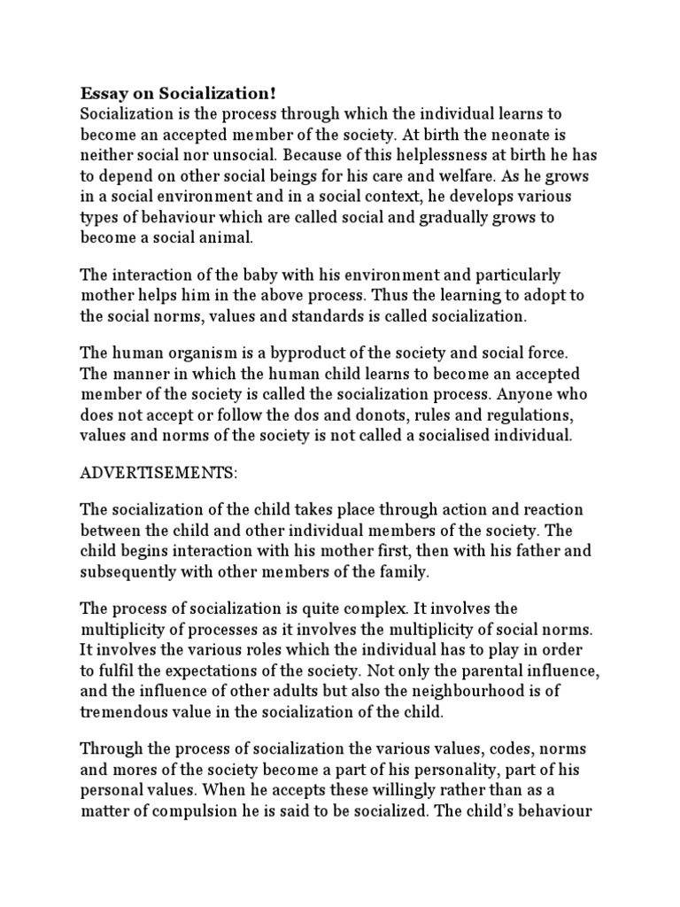 Essay On Socialization | PDF | Socialization | Self