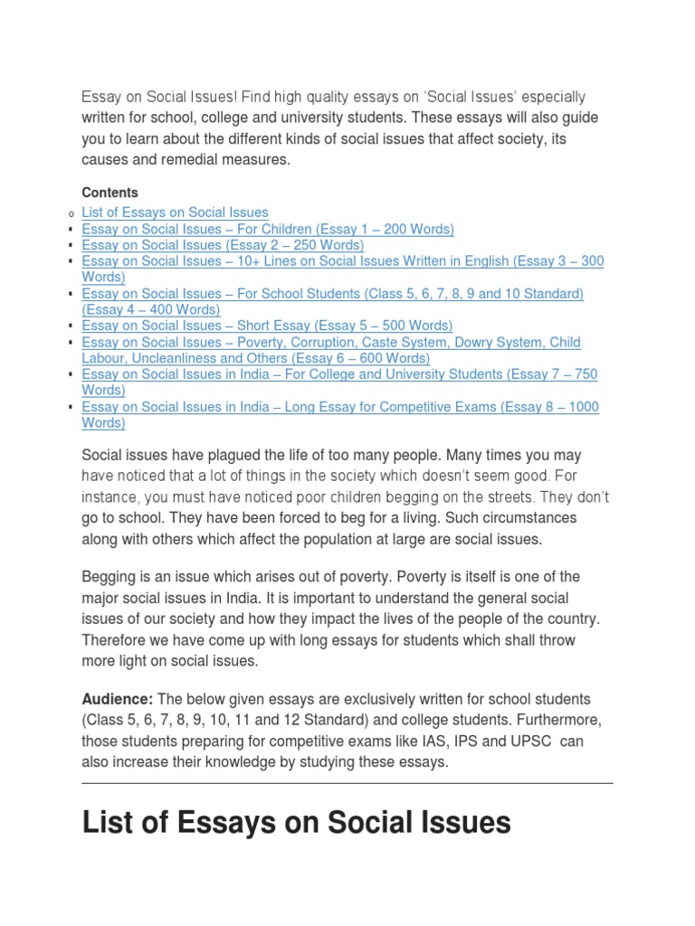 Essay On Social Issues | PDF | Human Impact On The Environment | Poverty
