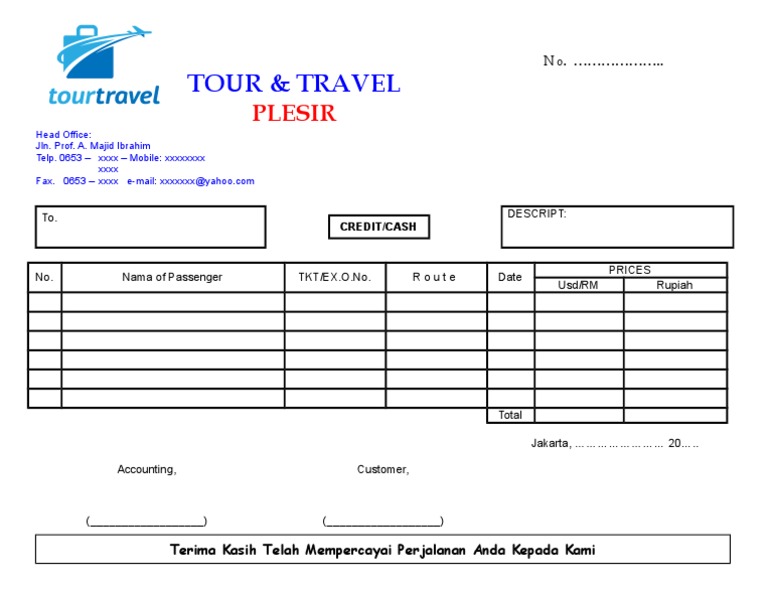 Invoice for a tour package from Pleir Travel including passenger names ...
