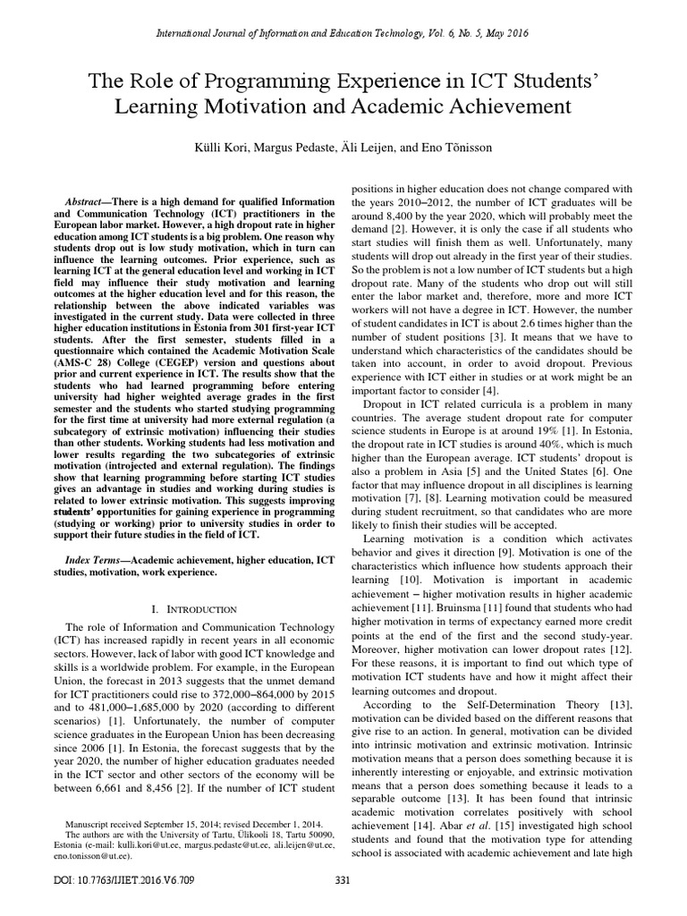 The Role of Programming Experience in ICT Students | PDF | Motivation ...