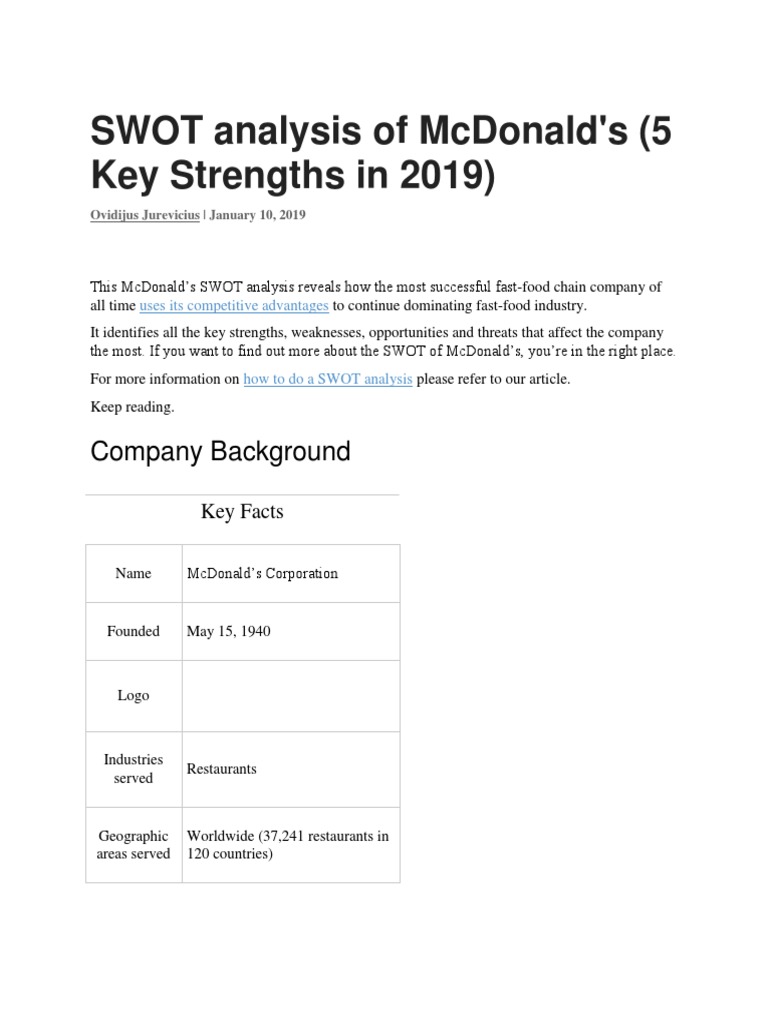 McDonald's SWOT Analysis 2019 Insights | PDF | Franchising | Mc Donald's