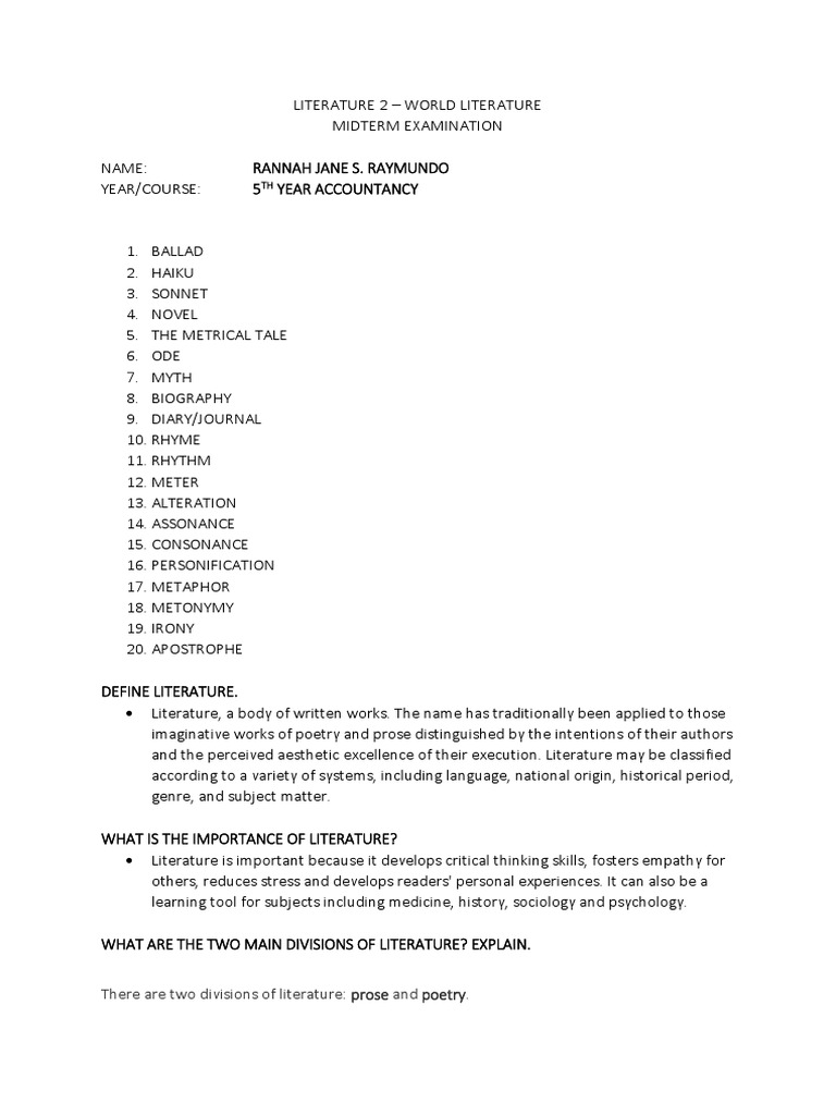World Literature Midterm Exam Overview | PDF | Poetry | Narrative