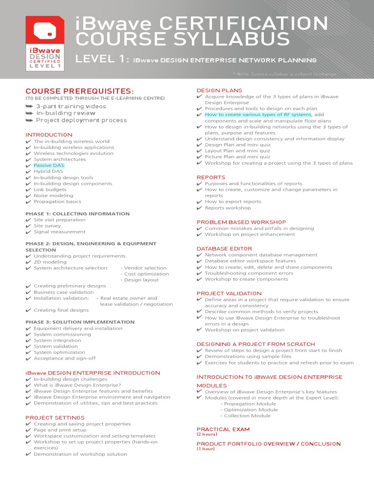 Docshare - Tips - Ibwave Certification Course Syllabus l1 PDF | PDF | Design | Wireless