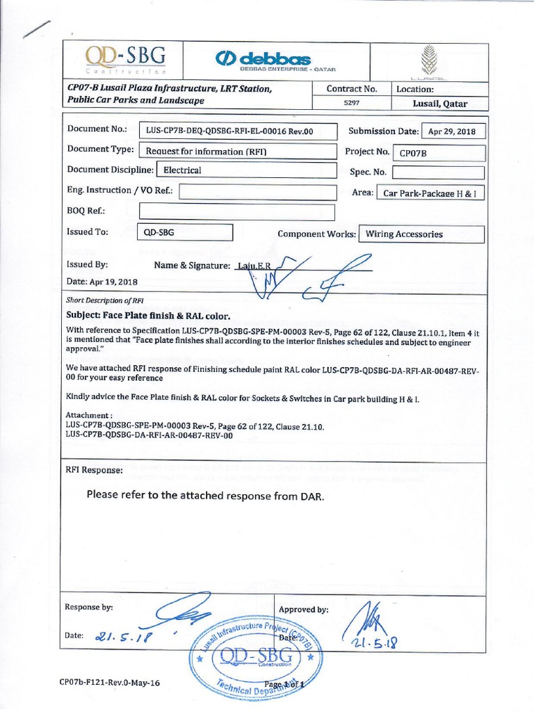 LUS-CP7B-DEQ-QDSBG-RFI-EL-00016 Rev00 Response | PDF