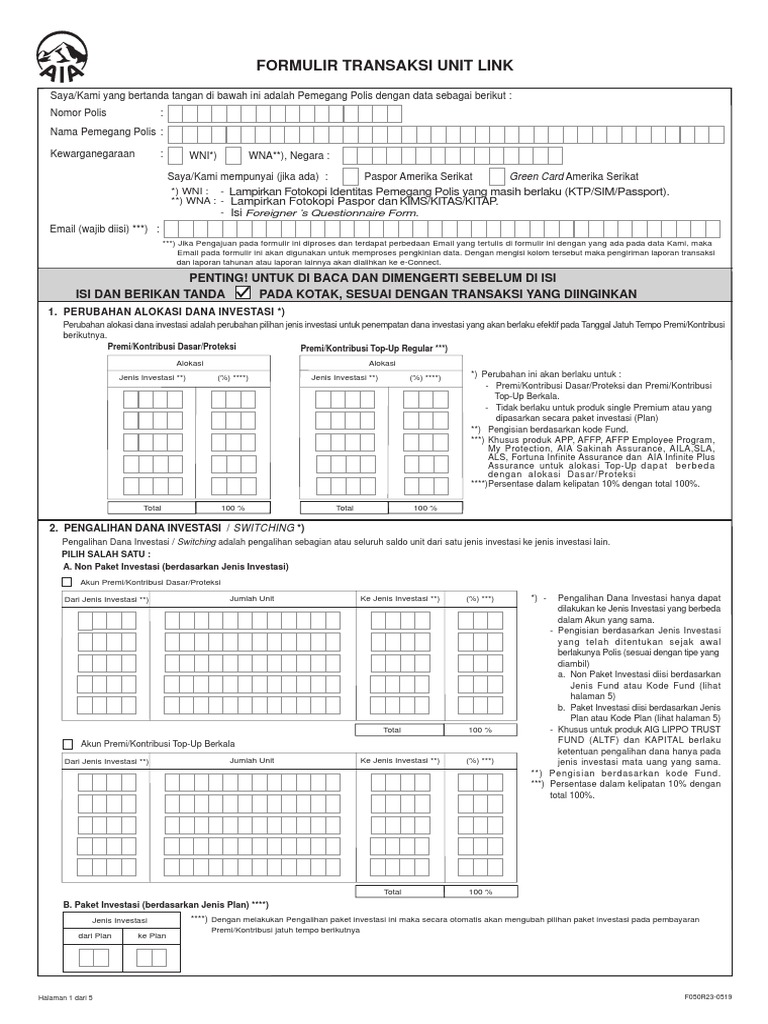 Formulir Transaksi Unit Link 0519 | PDF