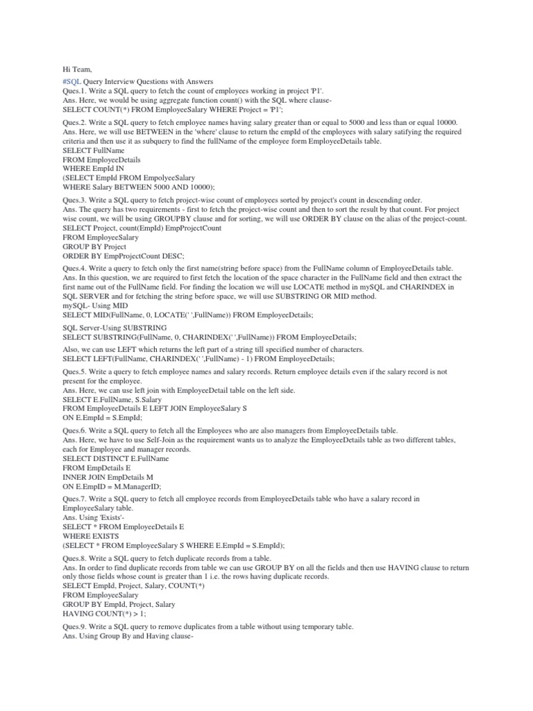 SQL Query Interview Questions and Answers with Explanations | PDF ...