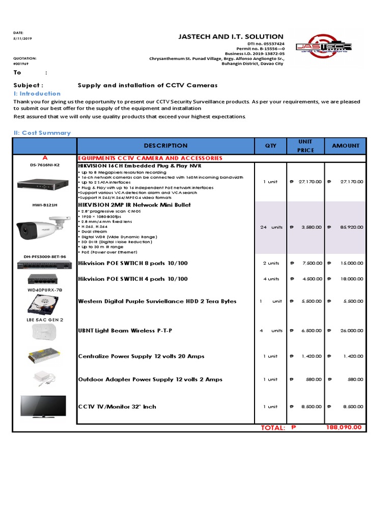 CCTV Installation Quotation Sample | PDF | Closed Circuit Television ...